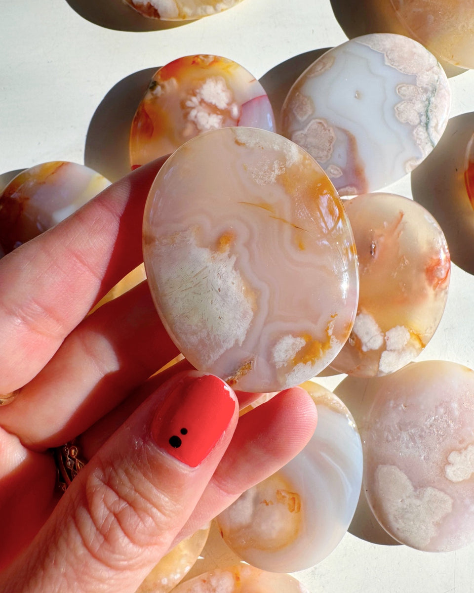 Flower Agate Flat Palm Stones – Baltic Mermaid